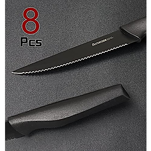 Astercook Steak Knives, Steak Knives Set of 8, Dishwasher Safe High Carbon Stainless Steel Serrated Steak Knife, Black