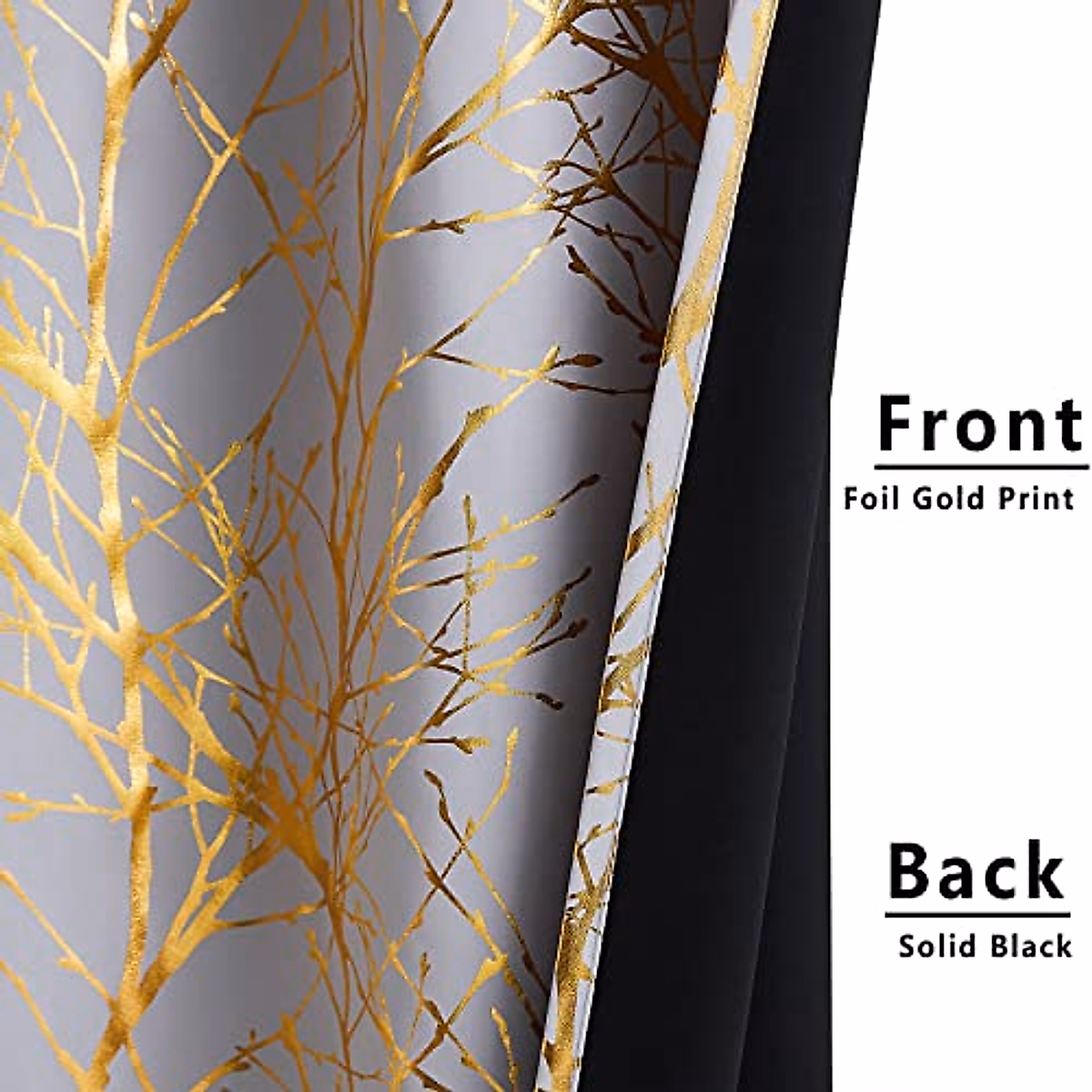 FMFUNCTEX Branch Grey Blackout Curtain Panels for Bedroom 84" Foil Gold Tree Branch Window Curtains Metallic Print Energy Efficient Thermal Curtain Drapes for Guest Living Room Grommet Top 2 Panels
