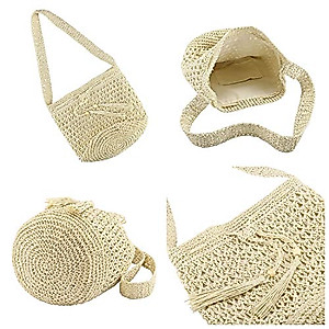 Ayliss Women Beach Handbag Straw Crossbody Shoulder Handbag Summer Beach Handmade Woven Bucket Bag Drawstring with Tassel (Beige)