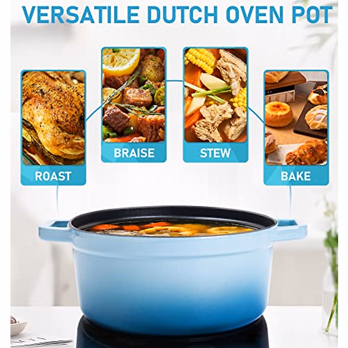 MICHELANGELO 4 Qt Dutch Oven Cast Iron, Enameled Cast Iron Dutch Oven with Lid, Enamel Dutch Oven Pot, 4 Quart Dutch Oven for Bread Baking, Enameled Dutch Oven Set with Silicone Mats, Blue