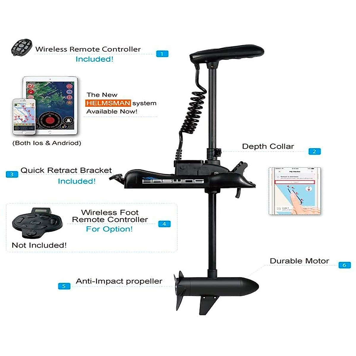 PARKHO HASWING Electric Trolling Motor – 12V 54" 55lbs Cayman GPS Anchor Control Shaft Bow Mount Portable Fishing Boat Saltwater Freshwater with Wireless Remote Quick Release Bracket