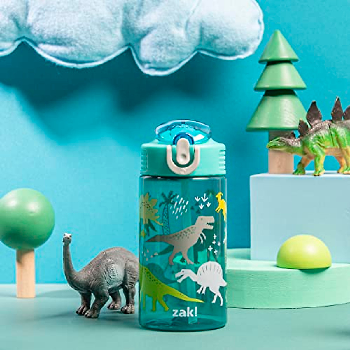 Zak Designs Kids Water Bottle For School or Travel, 16oz Durable Plastic Water Bottle With Straw, Handle, and Leak-Proof, Pop-Up Spout Cover (Dinosaur)