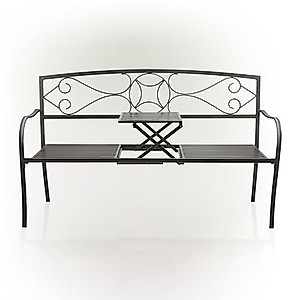 Alpine Corporation Alpine Metal Garden Outdoor Bench with Retractable Table VTFAM114, Black