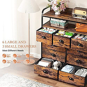 Enhomee Dresser for Bedroom, Chest of Drawers for Bedroom,Tall Dresser with 9 Drawer Dresser,Fabric Dresser for Closet with Wood Top for Nursery,Living Room,Entryway,2 Shelves,Metal Frame,Rustic Brown