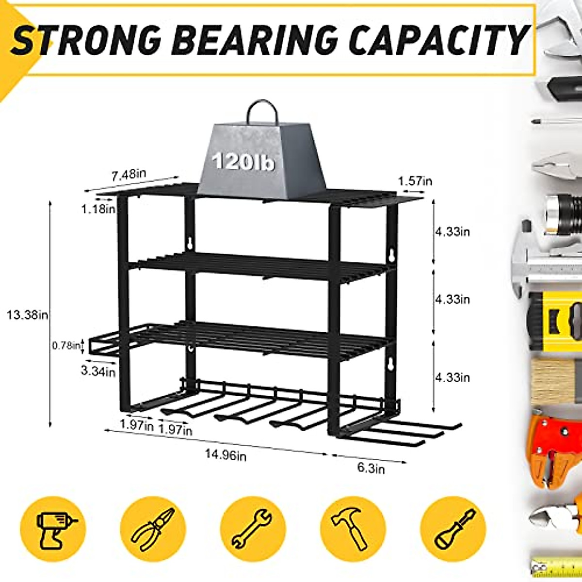 Mefirt Power Tool Organizer, Drill Holder Wall Mount, 4 Layer Heavy Duty Metal Tool Shelf, Garage Tool Organizers and Storage Rack, Utility Storage Rack for Cordless Drill Charging Station