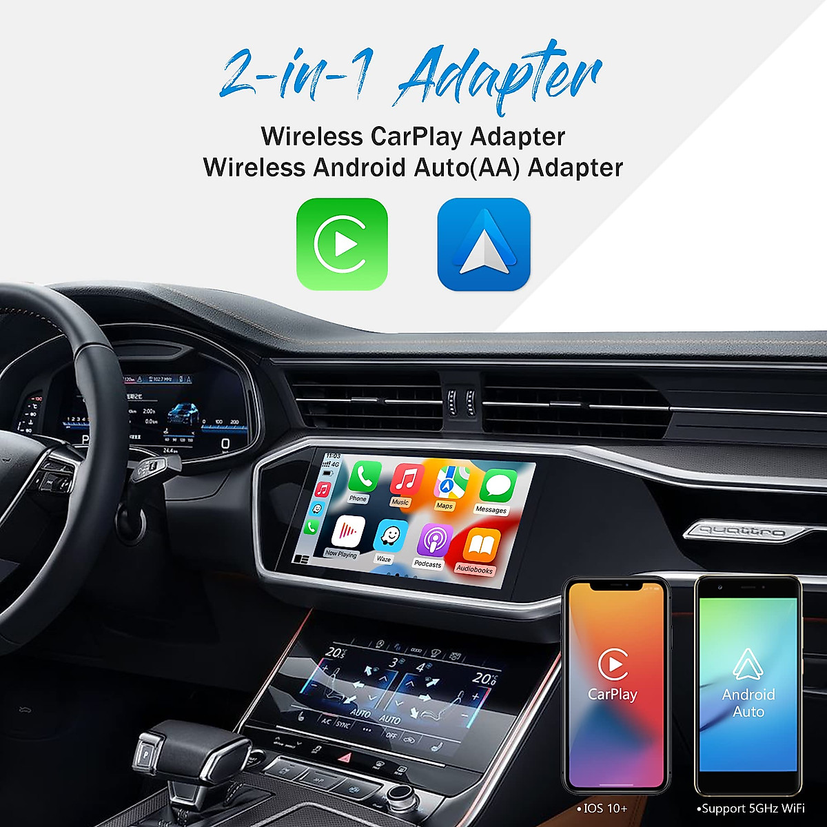 OTTOCAST 2 in 1 Android Auto/CarPlay Wireless Adapter - Wired to Wireless CarPlay & AA USB Dongle for Factory Wired CarPlay Car Adapter - 5GHz WiFi, Low Latency, Plug & Play, Online Update