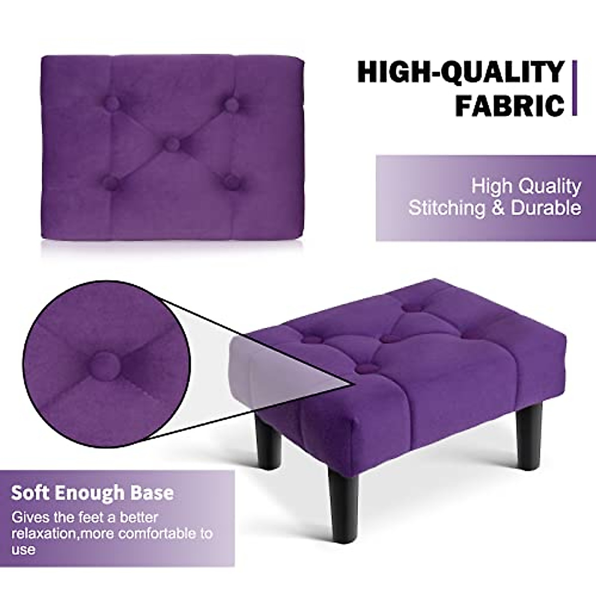 HOUCHICS Small Footstool Ottoman, Velvet Wooden Foot Stool Ottoman with Wood Legs, Sofa Footrest Extra Seating for Living Room Entryway Office(Purple 1PACK)