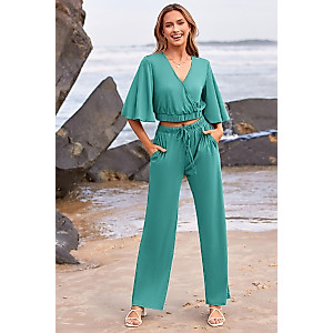 PRETTYGARDEN 2 Piece Outfits for Women 2024 Summer Short Sleeve Wrap V Neck Crop Tops Wide Leg Pants Set (Bean Green,Medium)