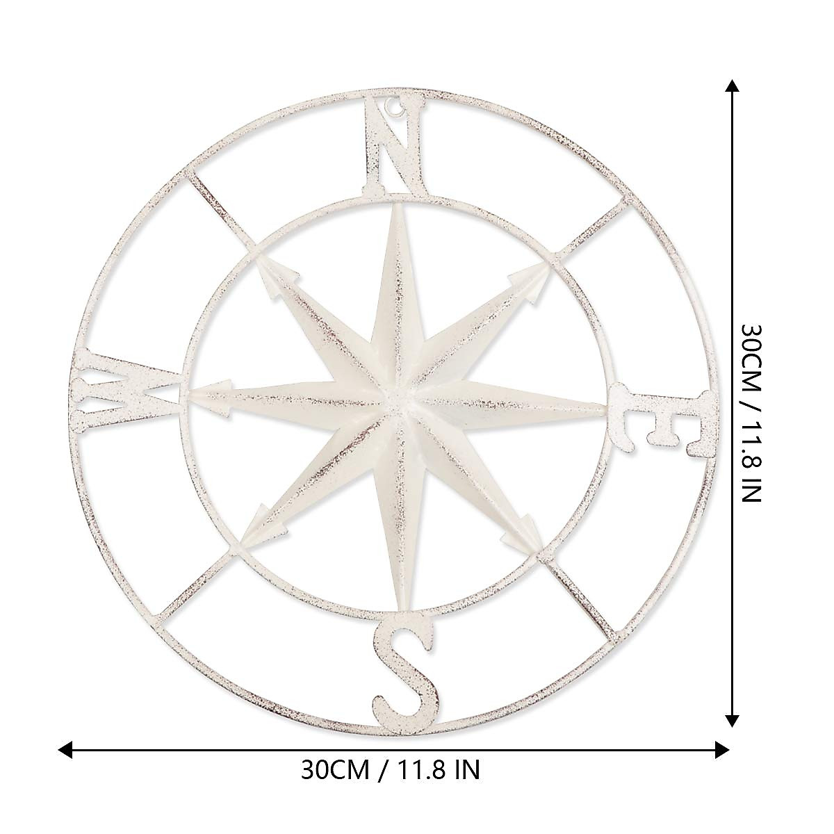 YIYA 11.8" Distressed Metal Compass Decoration Metal Decorative Compass for Nautical Decoration Bedroom Living Room Garden Office Wall Hanging Beach Theme Home Decoration (White)