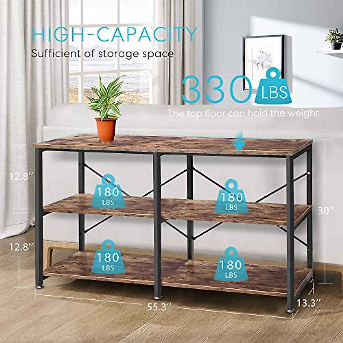 VIVOHOME 55 Inch Narrow Console Table, Industrial Sofa Table Behind Couch with 3-Tier Storage Shelves, Metal Frame, Easy Assembly, for Entryway, Hallway, Living Room
