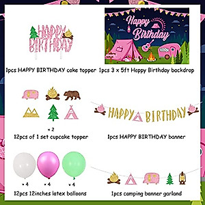 Girl Camping Party Decorations - Pink Camping Party Decorations with Happy Birthday Camping Backdrop, Cake Topper, Banner Garland, Cupcake Topper for Camping Themed Birthday Party Supplies