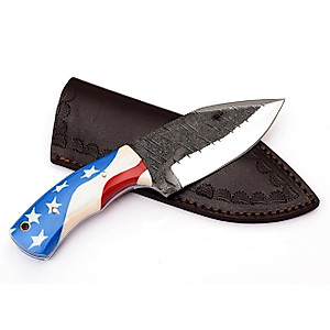 Custom Handmade High Carbon Steel Hunting Skinning Knife Outdoor Camping Hiking Bushcraft Resin American Flag Handle Hand forged Full Tang Knife With Leather Sheath