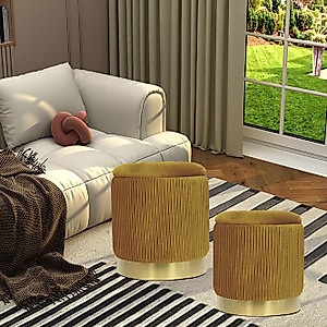 YYW HOME Round Ottoman with Storage - Yellow Storage Ottoman for Living Room, Round Storage Ottoman for Kids Room,Dorm Ottoman with Storage, Vanity Chair for Bedroom,Set of 2 Velvet Ottoman