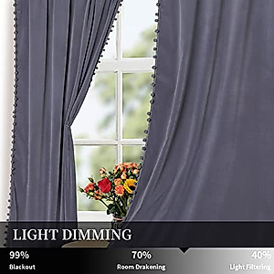 Haperlare Pom Pom Velvet Curtains 96 inches Long Heavy-Duty Room Darkening Velvet Drapes Thermal Insulated Home Decor Tasseled Window Treatment Set Panels for Living Room Bedroom, Grey, 2 Panels