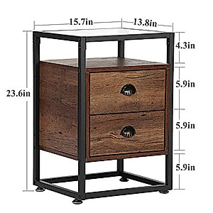 VECELO End Table, Modern Nightstand with Drawer, Night Stand Set of 2 for Bedroom Living Room,Tempered Glass, Brown/2pcs