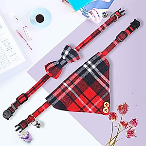 Cat Collar Breakaway with Bow Tie and Bell,2 Pcs Classic Design Adjustable from 7.5-10.8Inch Safety Cat Collar Bells Set,Comfortable Kitten Collar with Removable Bowtie For Cat Kitten(Red bow+bandana)