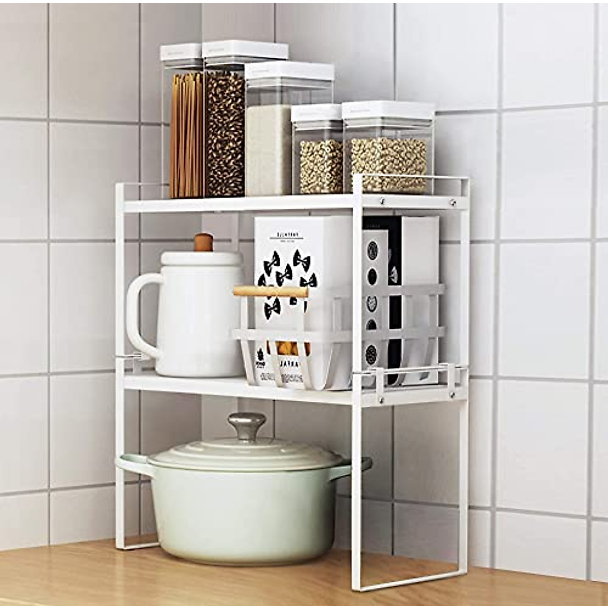Shantton 2 Pack Kitchen Cabinet Shelf Counter Organizer Rack Pantry Storage Bathroom Bedroom Office Table Desk Space Saving Steel Frame Stackable Rust Resistant Non Slip White