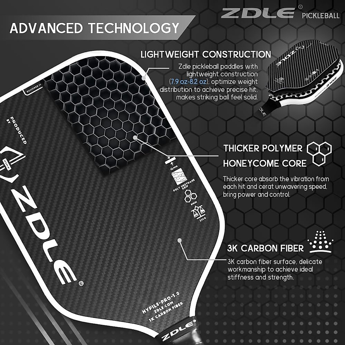 Zdle Pickleball Paddles, 8 oz Frosted Surface Graphite Pickleball Rackets, 3K Carbon Fiber and 16mm Polypropylene Core, Pickle Ball Raquette Set of 2 with Longated Handle