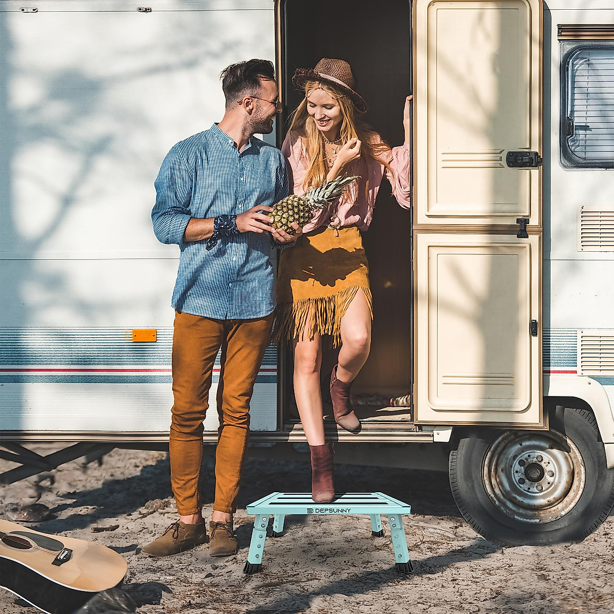 DEPSUNNY Adjustable Height Aluminum RV Step, Stable Foldable Platform Step Stool, Supports Up to 1,000 lb, Non-Slip Rubber Feet and Platform Mat, Easy to Carry (Green)