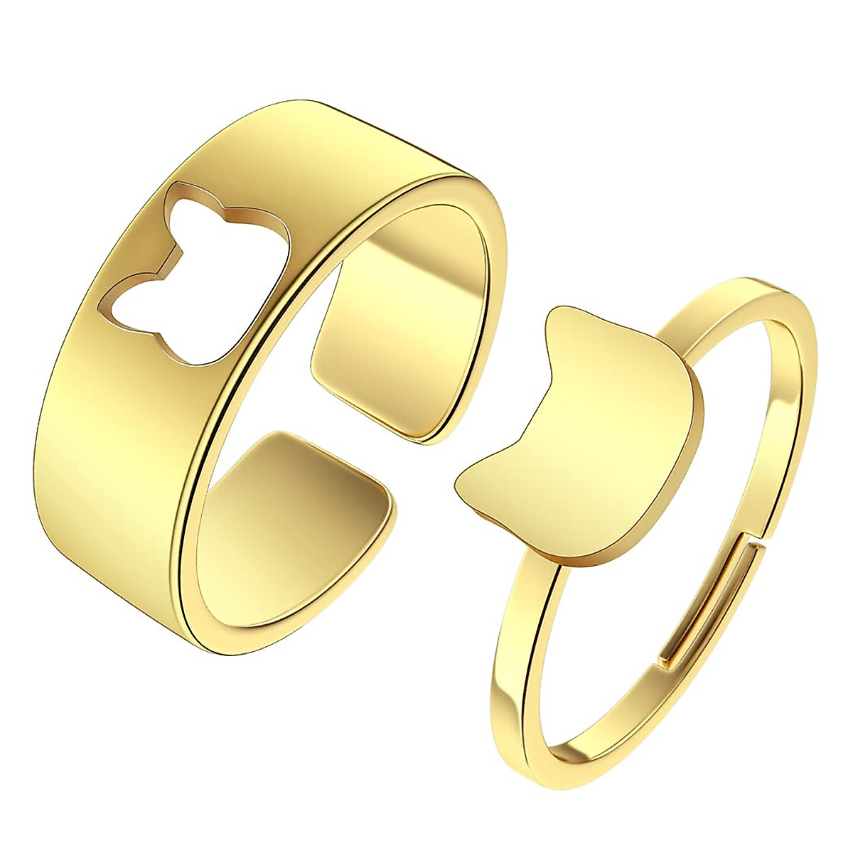 Chereda 2PCS Matching Cute Animals Promise Engagement Rings Lovers Gift for Couples Boyfriend Jewelry 316L Stainless Steel Adjustable Open Ring (Cat-g, Adjustable)