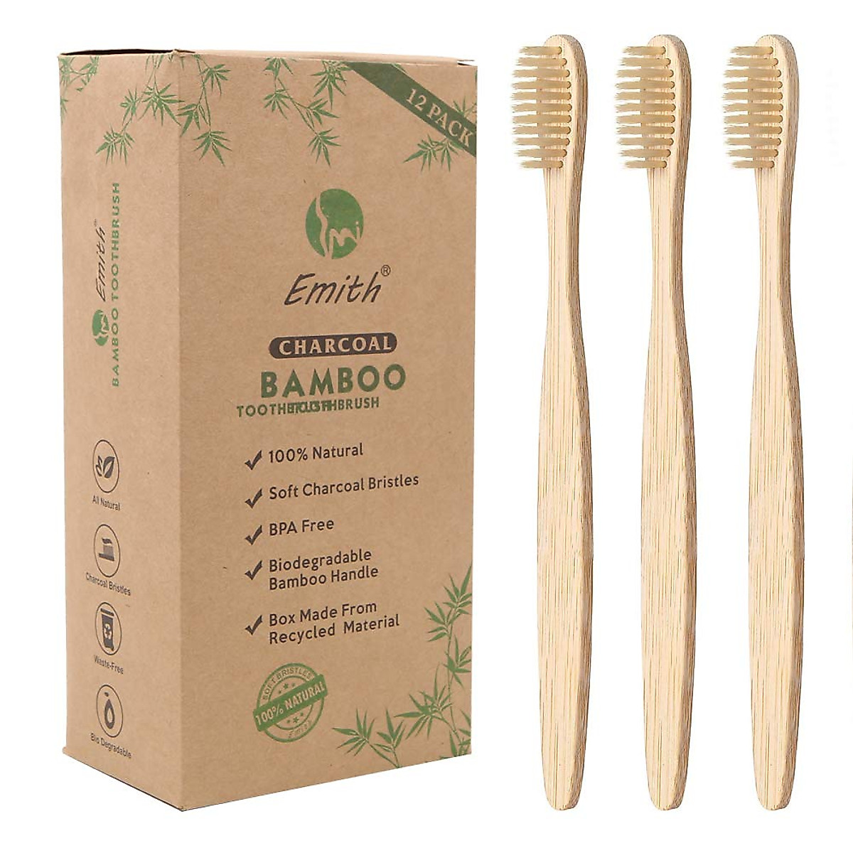 Unigift 12 Pcs Bamboo Toothbrushes, Biodegradable Charcoal Tooth Brush Natural Eco-Friendly Toothbrushes with Soft Bristles(Multi-color)
