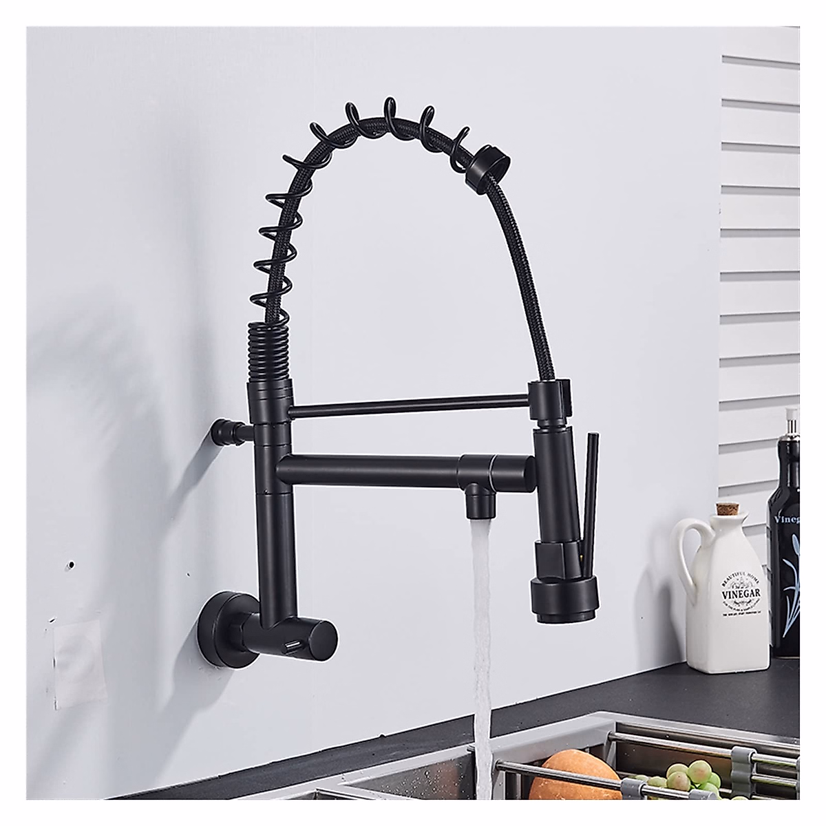 ZCERA Matte Black Spring Kitchen Faucet Pull Down Sprayer Single Cold Water Mixer Wall Mounted Faucet 360 Rotation Kitchen Faucets (Color : Brushed Nickel)