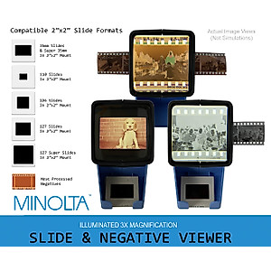 MINOLTA 35mm Desk Top Portable LED Slide and Negative Viewer Luminated 3X Magnify – for 2"x2" Slides & Positive Negatives - Worldwide AC Adapter & Plugs, Battery Operation & Cloth