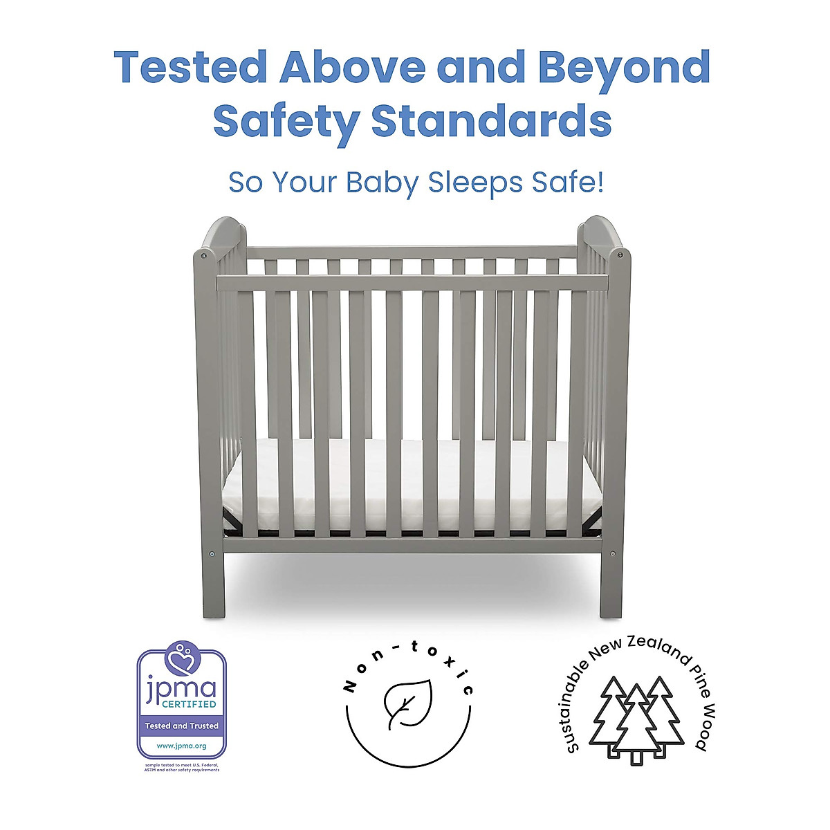 Delta Children Emery Mini Convertible Baby Crib with 2.75-inch Mattress, Grey