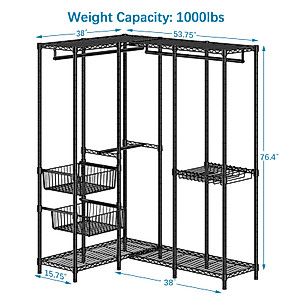 VIPEK L40 Pro L Shape Garment Rack Corner Clothes Rack for Hanging Clothes, Heavy Duty Clothing Rack with 2 Sliding Baskets & 10 Pants Hangers, Freestanding Wardrobe Closet, Max Load 1000lbs, Black