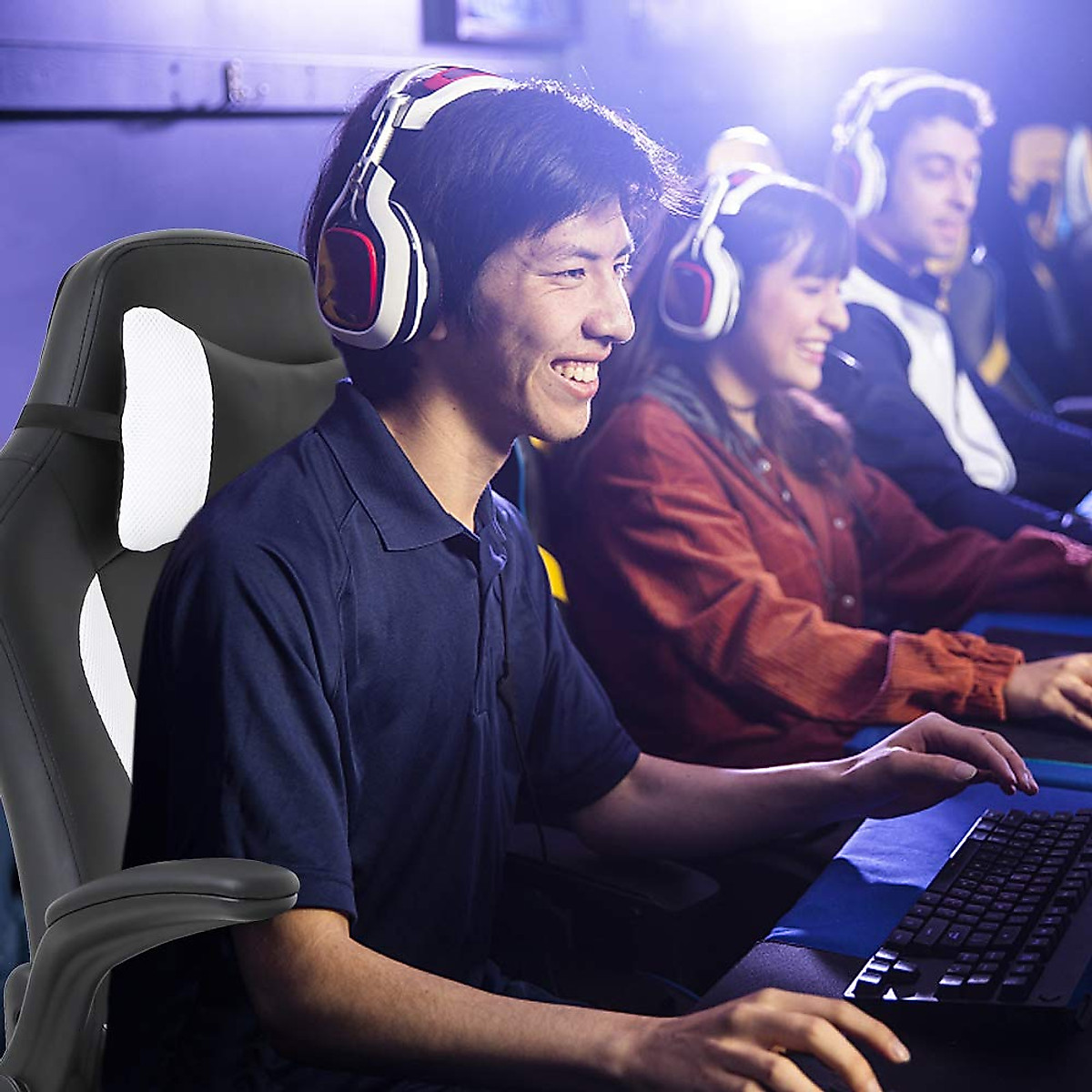 Dkeli, Gaming Chair Office Chair Desk Chair Ergonomic High Back Computer Chair with Lumbar Support Flip-up Arms Headrest PU Leather Swivel Task Chair