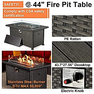 HOMREST 7 Pieces Patio Furniture Set with Fire Pit Table,Durable Outdoor Sectional Sofa Conversation Set w/Cushions and Pillows, 50,000 BTU Auto-Ignition Gas Fire Table w/Wind Guard ，CSA Certification