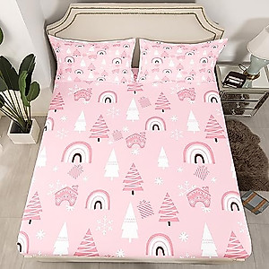 Christmas Tree Sheet Set Merry Christmas Bed Set for Kids Boys Girls Pink Decor Kawaii Rainbow Bed Sheets Cute Sweet Sheets Room 4Pcs Full Size