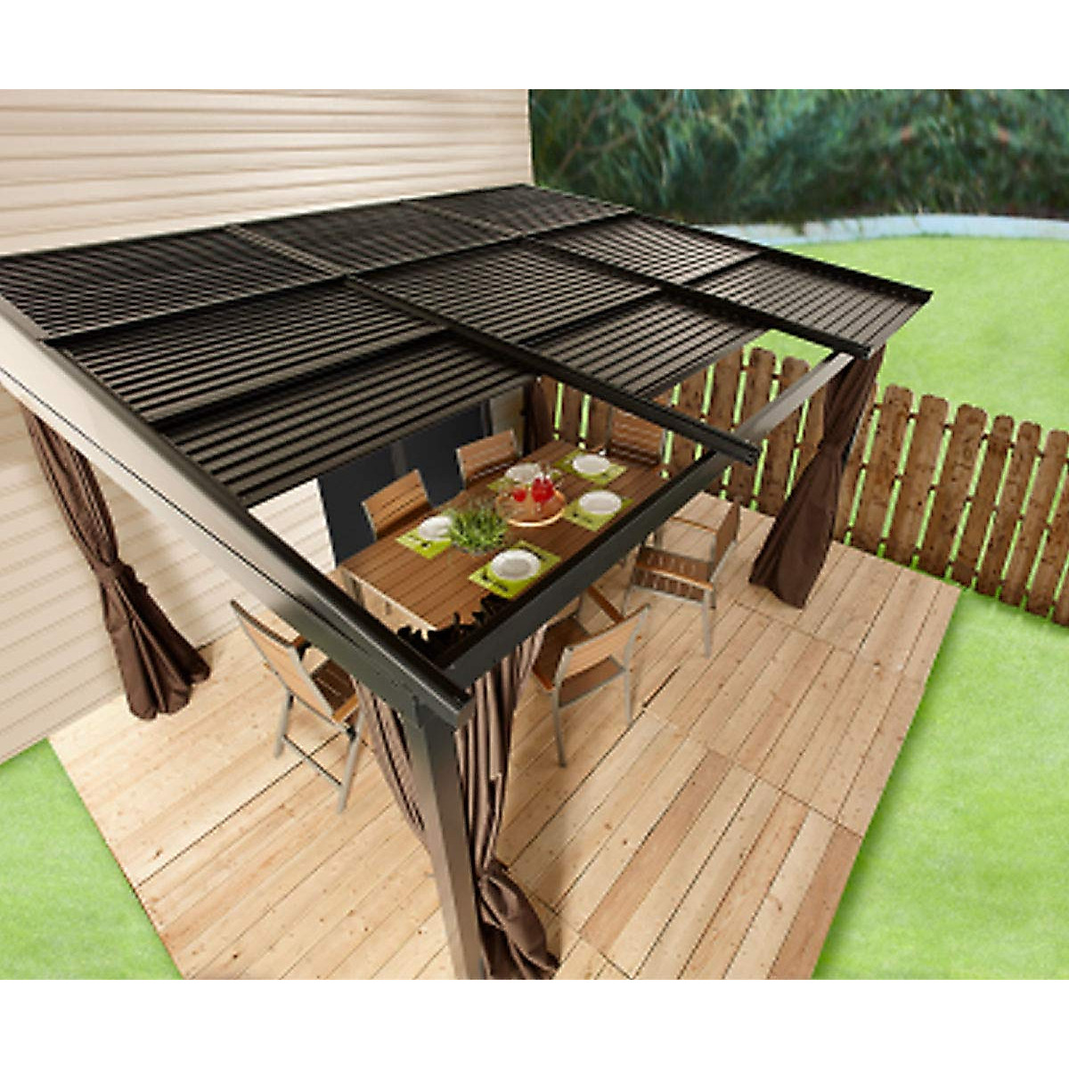 Sojag 10' x 12' Francfort Wall-Mounted Hardtop Gazebo Outdoor Weather-Resistant Aluminum Frame Sun Shelter Black,Brown