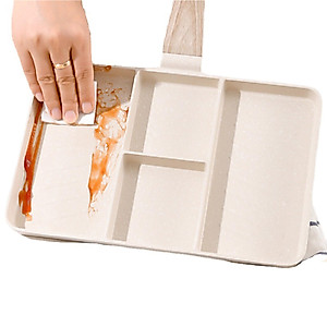 Nonstick 4 Section Divided Pan, Egg Frying Pan Stone Coating Aluminum Alloy Grill Pans Sectional Skillet Grill Pan with Wooden Handle for Breakfast 13.8 Inch (White)