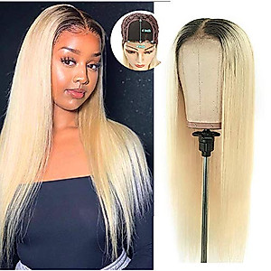Ombre Blonde Lace Front Wigs 4x4 Closure Brazilian Human Hair #1B/613 Dark Roots Remy Hair Wig Pre Plucked Hairline Bleached Knots with Baby Hair Straight Long Colored Hair