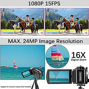 kimire Video Camera Camcorder Digital Camera Recorder Full HD 1080P 15FPS 24MP 3.0 Inch 270 Degree Rotation LCD 16X Digital Zoom Camcorder Camera with 2 Batteries(Black)