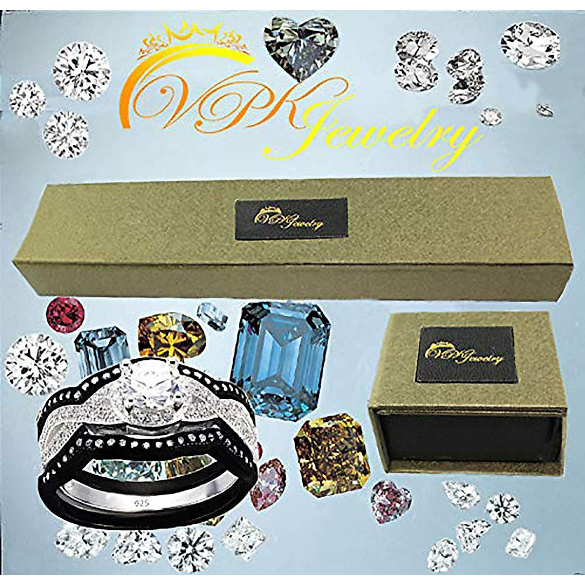 VPKJewelry Real 925 Sterling Silver Wedding Engagement 3 pc set Black White Weddings Engagement Adult Ladies Womens Ring 3.60 ct (10)