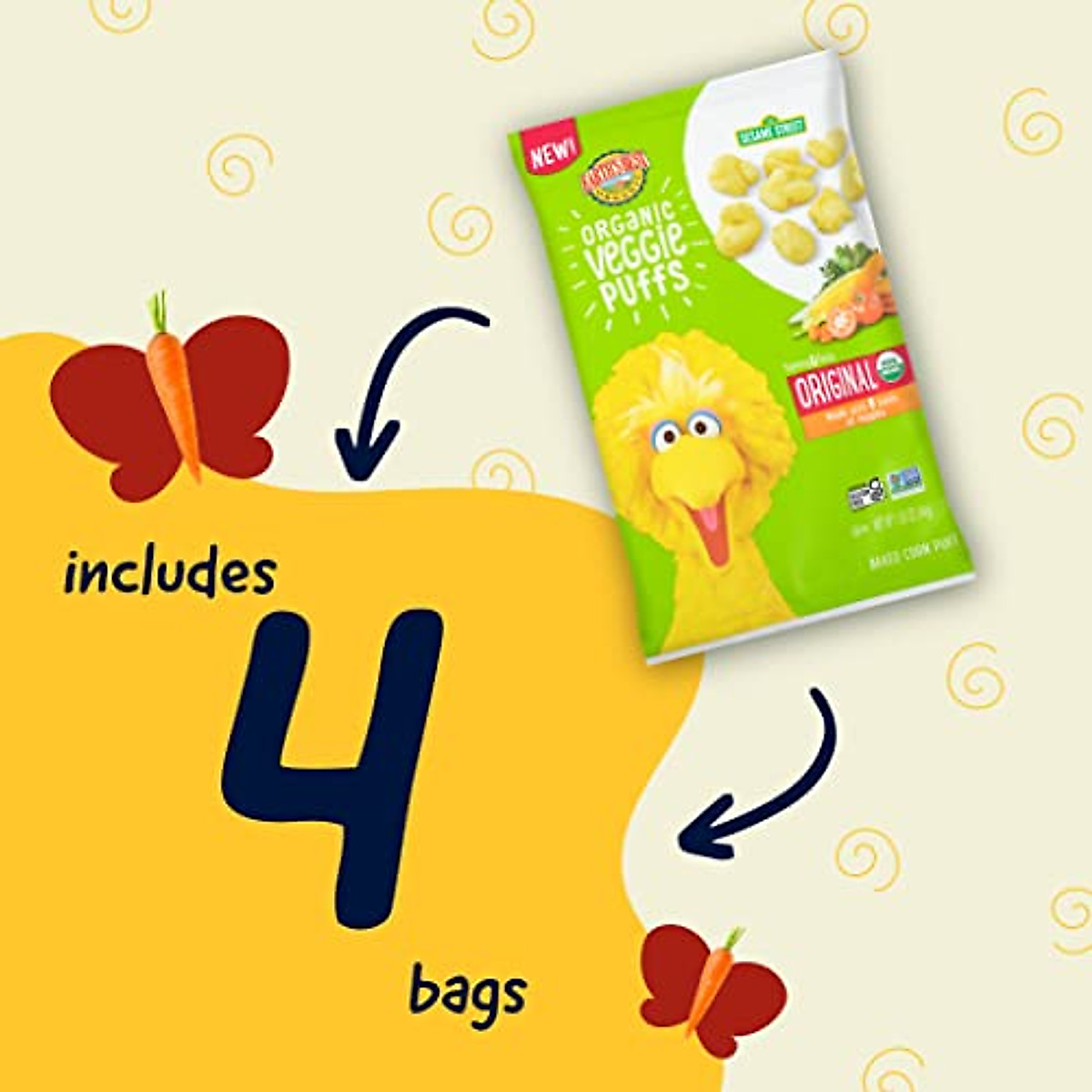 Earth's Best Organic Kids Snacks, Sesame Street Toddler Snacks, Organic Veggie Puffs, Gluten Free Snacks for Kids 2 Years and Older, Original, 1.55 oz Bag (Pack of 4)