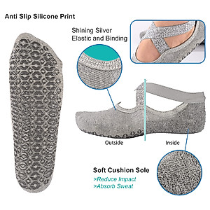 Teebulen Women's and Girl's 2 Pairs Grey with Silver Glitter Padded Anti Skid Non Slip Yoga Socks with Grips for Barre Pilate Ballet,Size 4-8