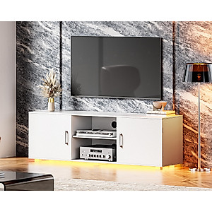 Huuger TV Stand for 55 Inch TV, Entertainment Center with LED Lights, 2 Cabinets, TV Console Media Cabinet with 6 Cable Holes, White TV Stand for Living Room, Bedroom