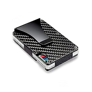 RFID Blocking Carbon Fiber Wallet Slim Money Clip and Minimalist Wallet Aluminum Metal Wallet Front Packet and Business Card Holder Black blue