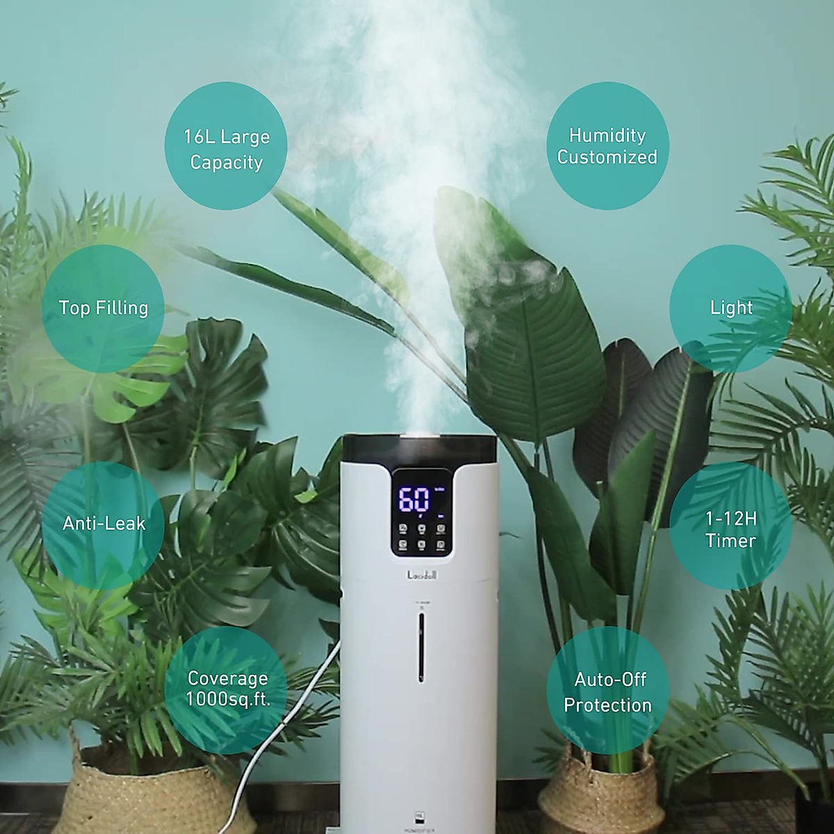 Lacidoll 4.2 Gal Tower Humidifiers for Large Room whole house 1000 sq. ft, 16L Top Fill Cool Mist Ultrasonic Humidifier Quiet 1000mL/h Output for Home Office Greenhouse, School,White