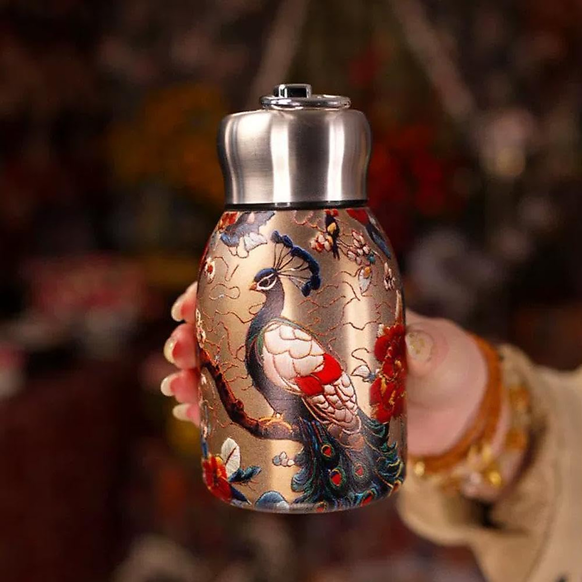 Insulated Tumblers with Lid, Portable Peacock Stainless Steel Vacuum Thermos Cup, Travel Coffee Mug, Leak Proof Double Walled Coffee Tumbler for Iced and Hot Drinks