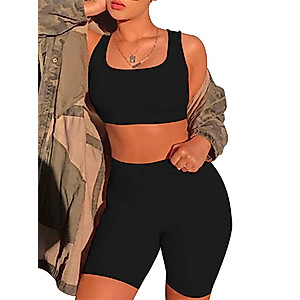 GOBLES Women's Sexy Bodycon Tank Crop Top Shorts Sets Club 2 Piece Outfits Black