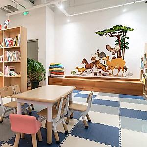 MEFOSS Removable Cartoon Jungle Animal Big Tree Wall Decals Creative Tiger Horse Leopard Turtle Wall Stickers Peel and Stick Wall Decals for Kids Bedroom Playroom Nursery Wall Decor (A)