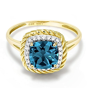 Gem Stone King 10K Yellow Gold Gemstone Birthstone and White Diamond Engagement Ring | Cushion 7MM | Wedding Engagement Anniversary Promise Gold Ring For Women