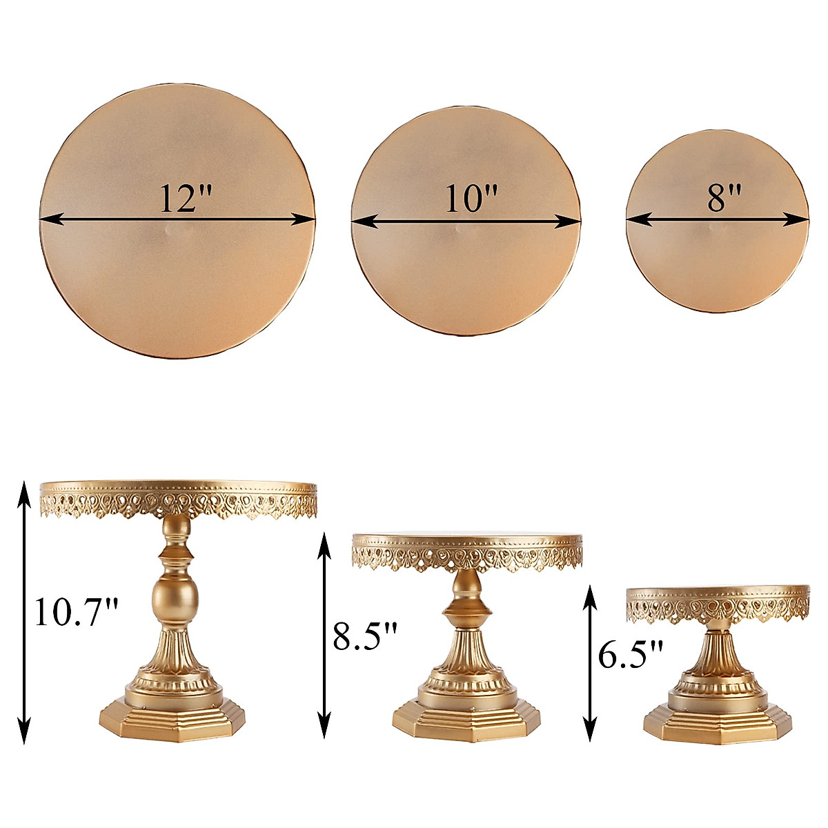 YOUEON Set of 3 Metal Gold Cake Stands, 8/10/12 Inch Round Metal Cupcake Display Stands, Dessert Stand Cake Stand for Dessert Table, Weddings, Birthday, Parties, Octangular Pedestal