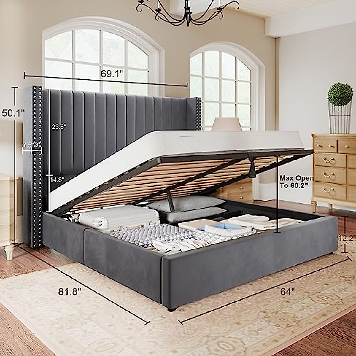 Jocisland Lift up Storage Bed Frame Queen Size, Upholstered Platform Bed Velvet with Channel Tufted Wingback Headboard, No Box Spring Needed, Gray