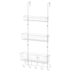 CADUKE Over The Door Organizer Hanger with Basket Hanger Door Towel Rack with 5 Hooks Back of Door Storage Organizer Behind Door Hooks Hanger Shelf for Bathroom, Kitchen, Office, White