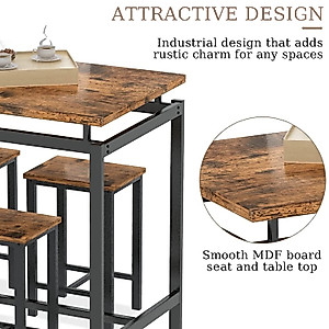MIERES 5 Piece Person Kitchen Chairs 4, Industrial Bar, Counter Height Dining Room Table Set for Small Spaces, Rustic Brown